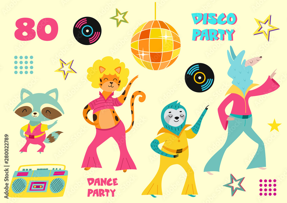 Set of cute cartoon animals in retro style. Vector illustration for ...