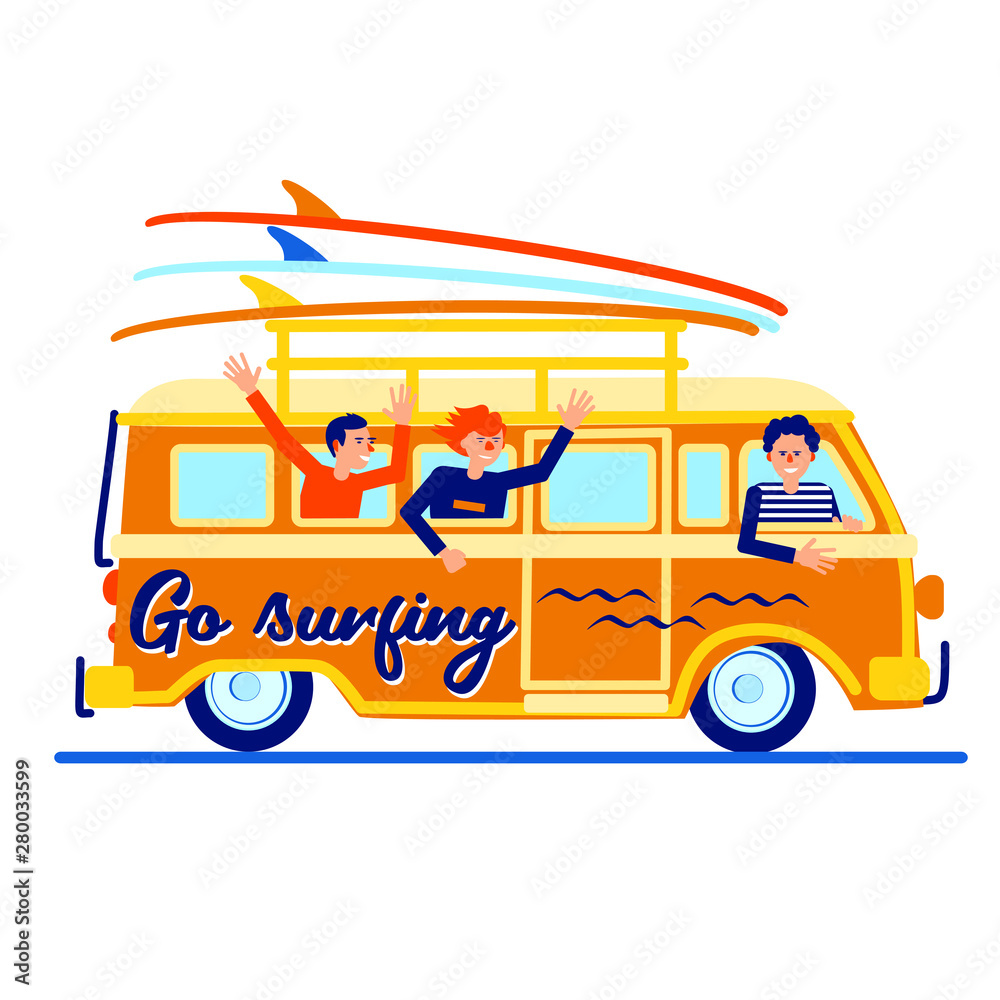 Funny guys in the car go surfing. Men are smiling and waving from the ...