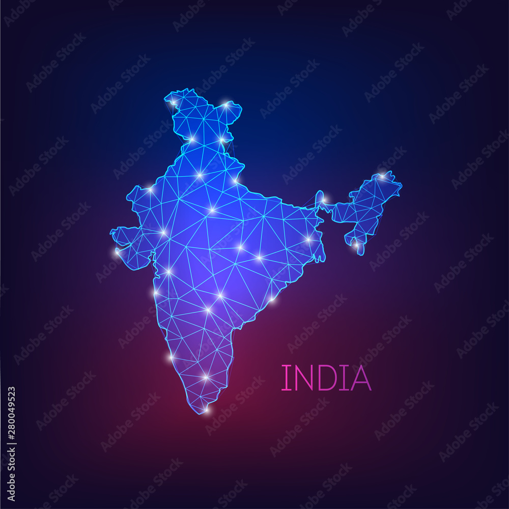 Futuristic glowing low polygonal India map silhouette isolated on dark ...