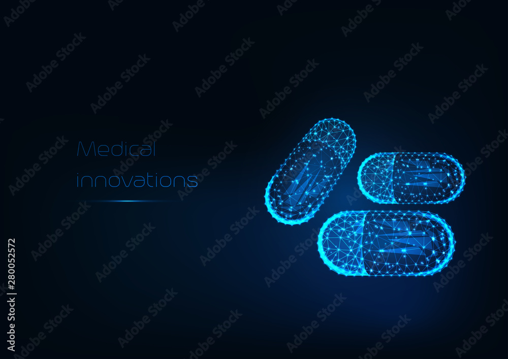 Futuristic glowing low polygonal drug capsules and text Medical ...