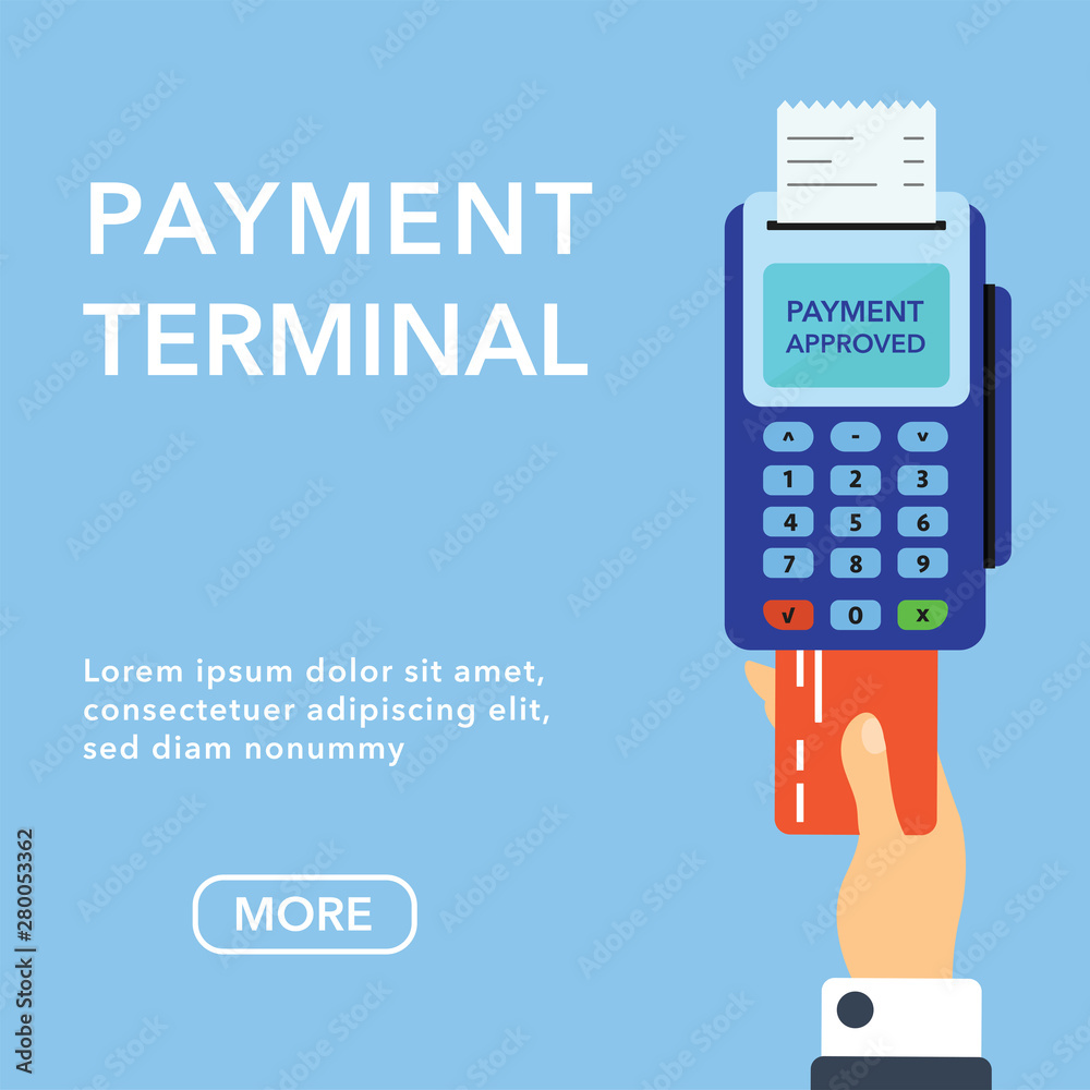 Vector payment machine and credit card banner. POS terminal confirms the payment by debit credit ...