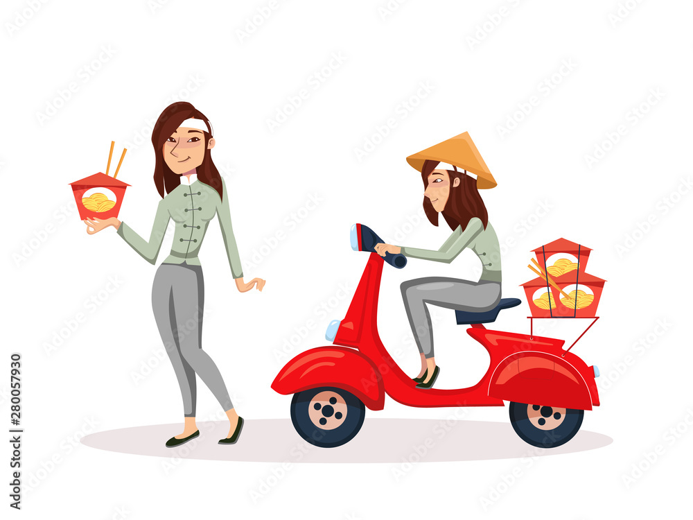 Fast Delivery asian food service by scooter with courier. Vector ...
