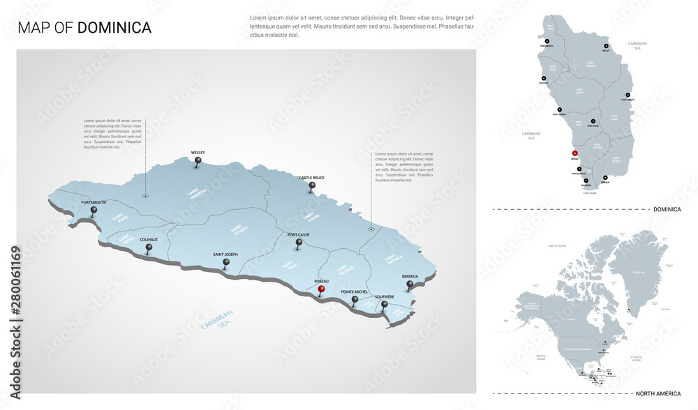 Vector set of Dominica country. Isometric 3d map, Dominica map, North ...