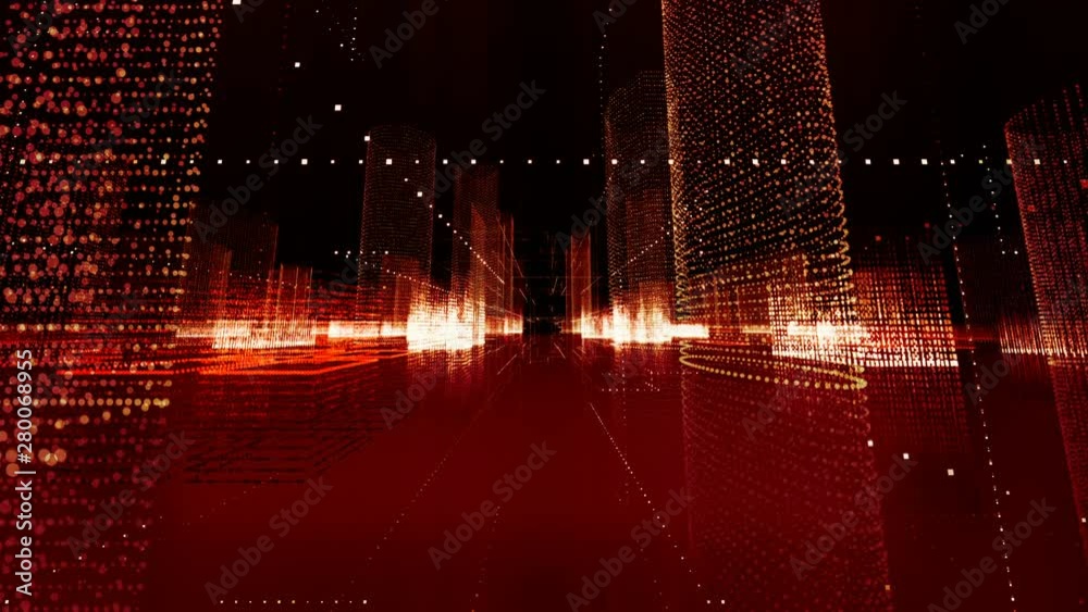 Futuristic matrix hologram city seamless loop. Digital blueprint of buildings with binary code ...