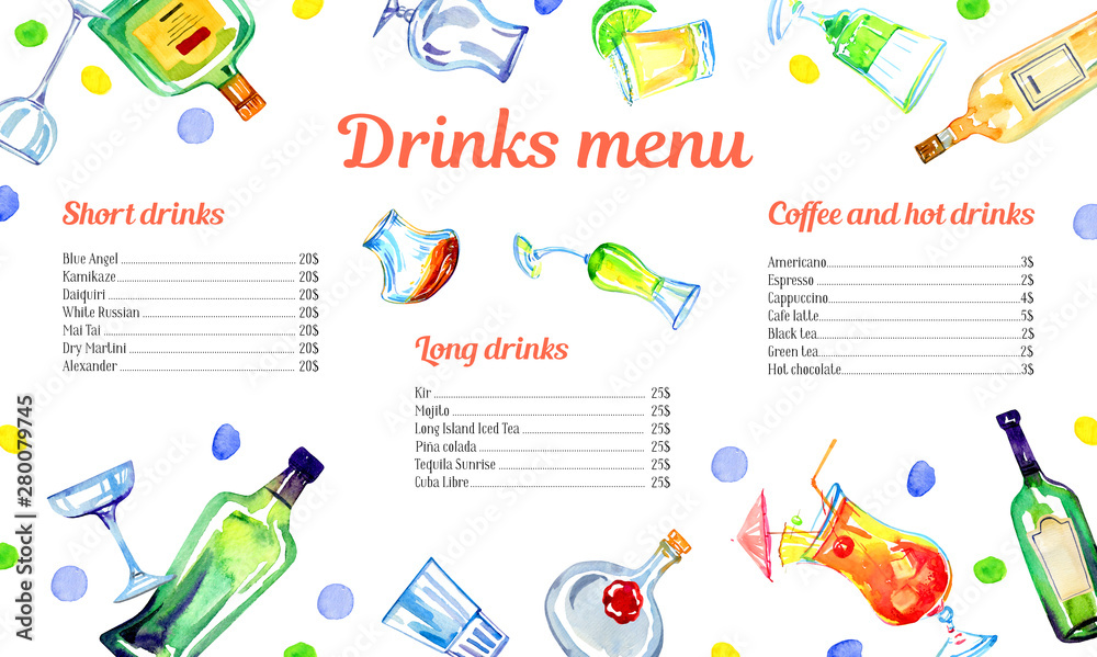 Bar menu rectangular design template. Color glass alcohol bottles ...