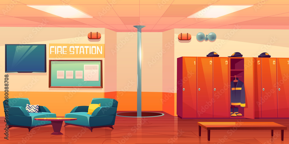 Fire station empty interior, firefighters workplace with steel pole ...