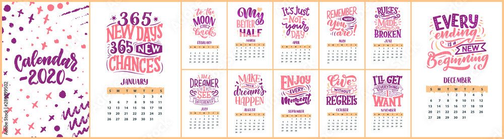Modern typography lettering compositions. 2020 calendar with funny ...