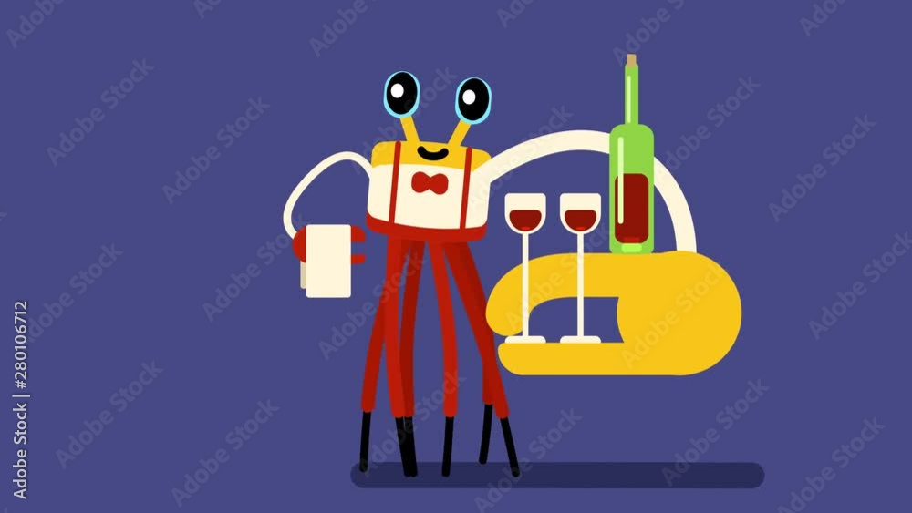 Walk cycle of a cute colorful crab waiter with wineglass and bottle of ...