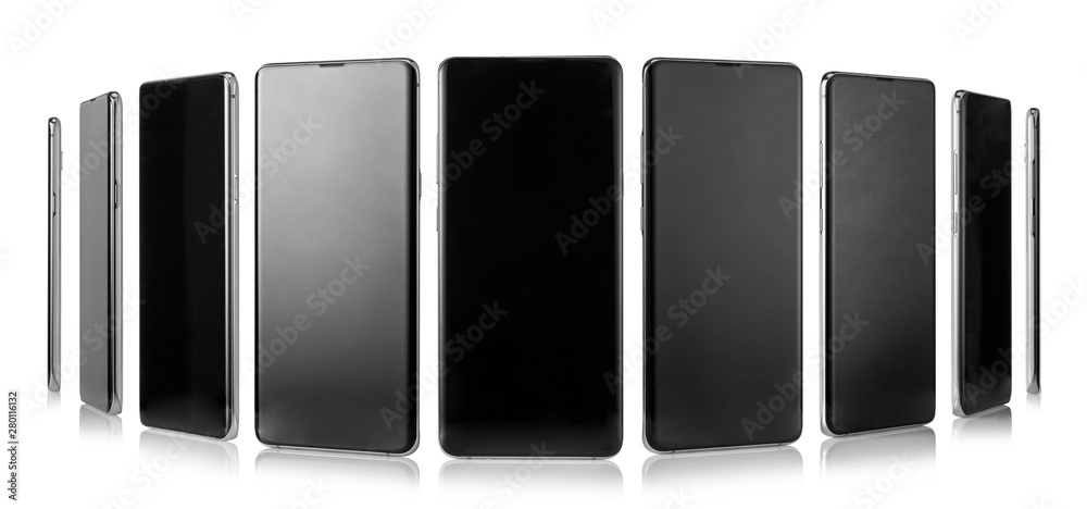 many smart phone with veriety angles, empty black screen isolated white ...