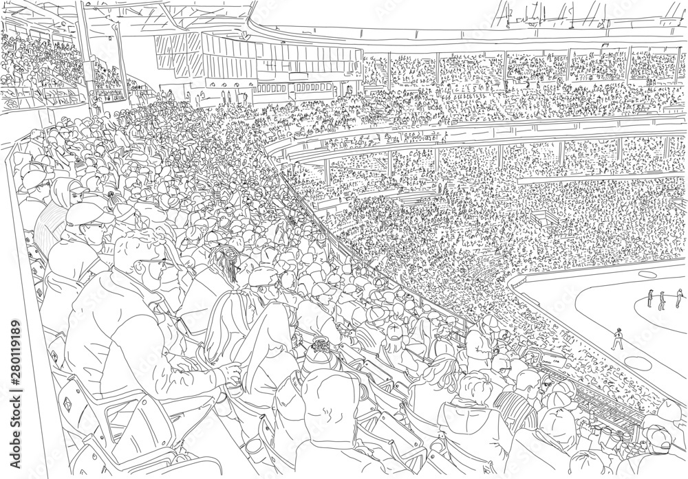 A giant crowd gathers at a baseball stadium to watch a game. Hand drawn ...