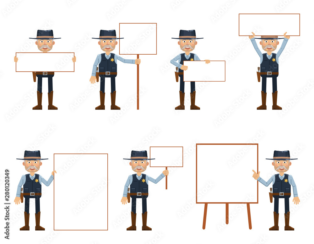 Set of old sheriff characters posing with different blank banners ...