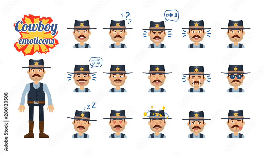 Set of sheriff emoticons. Old cowboy emojis showing different facial ...