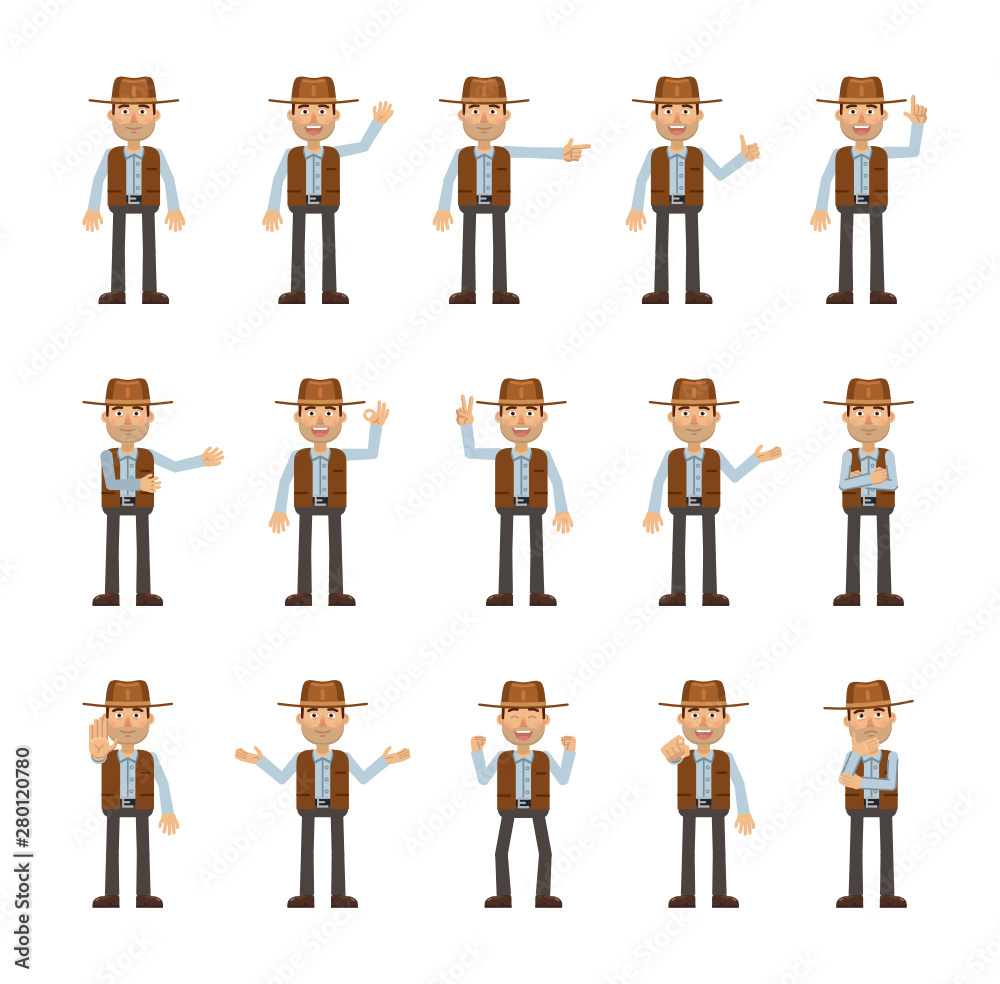 Set of cowboy characters showing different hand gestures. Cheerful ...
