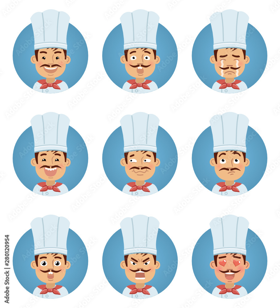 Set of cook emoticons. Man avatars showing different emotions. Happy ...