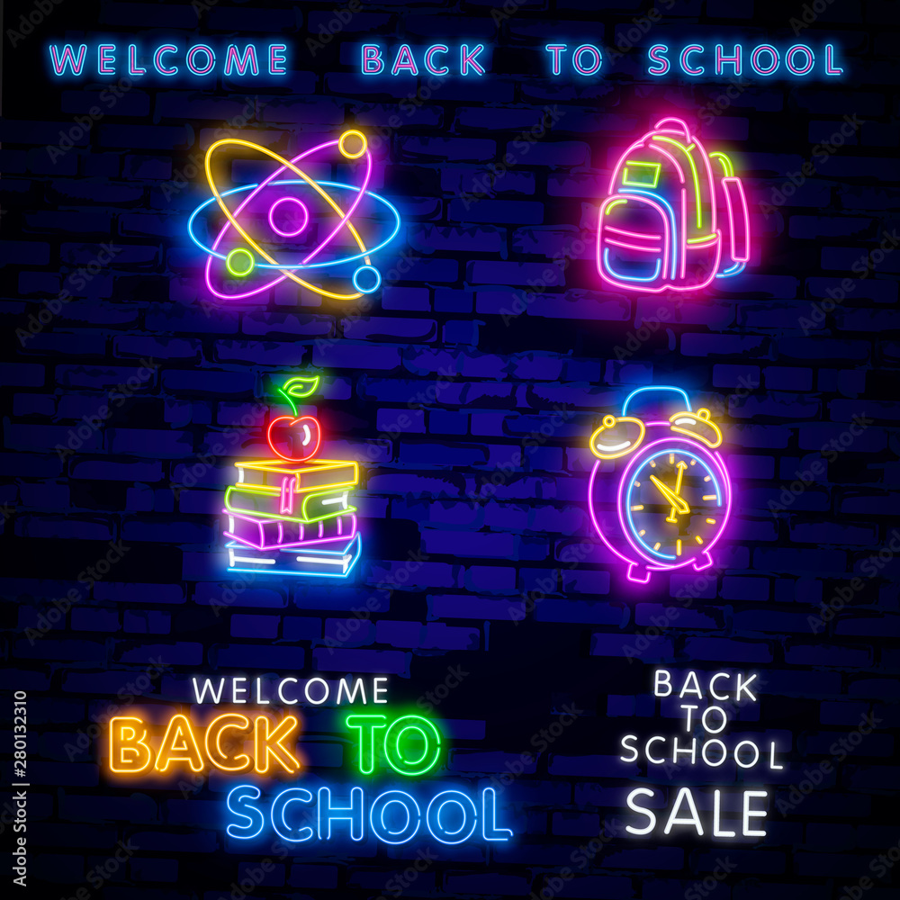 Back to School Welcome greeting card design template neon vector ...