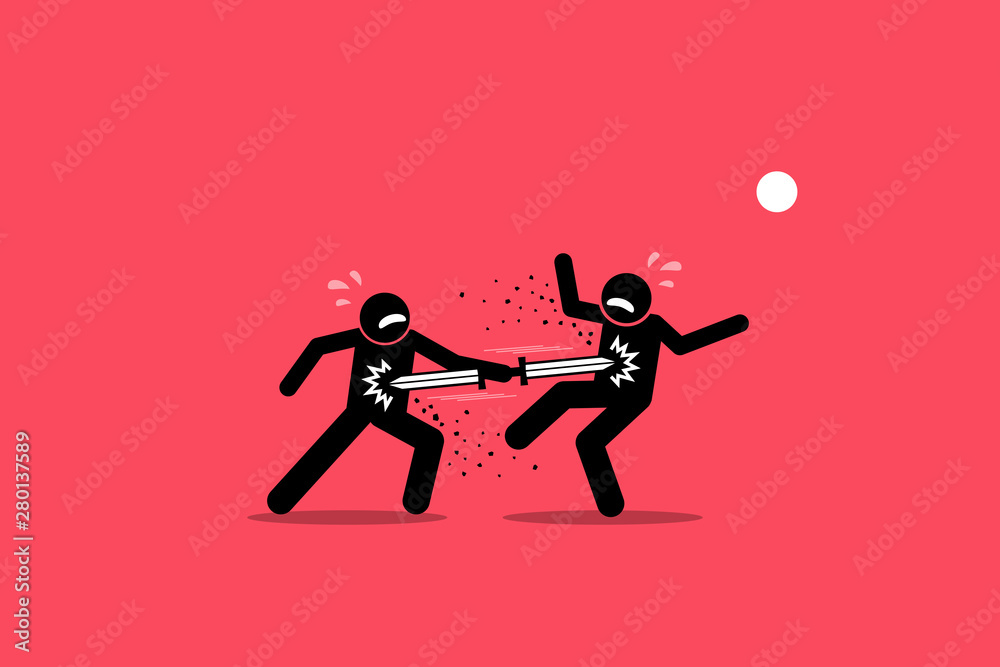 Double edged sword concept. Vector artwork depict a stick figure man ...