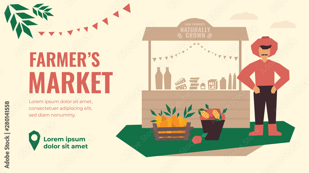 Vector illustration of farmer and farmers market. Selling fruit ...