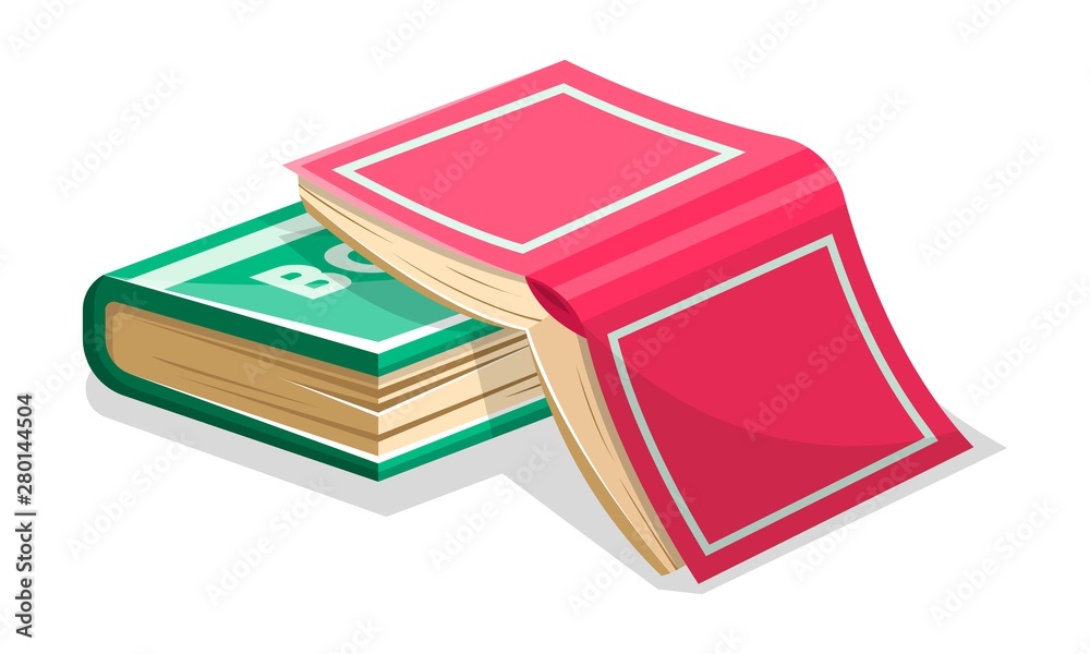 Opened inverted pink book is on closed green another. Not read to the ...