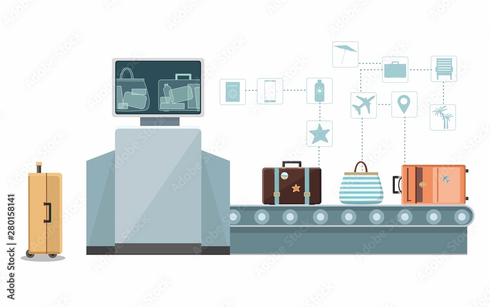 Baggage check, custom scanner at the airport. Vector Infographic Stock ...