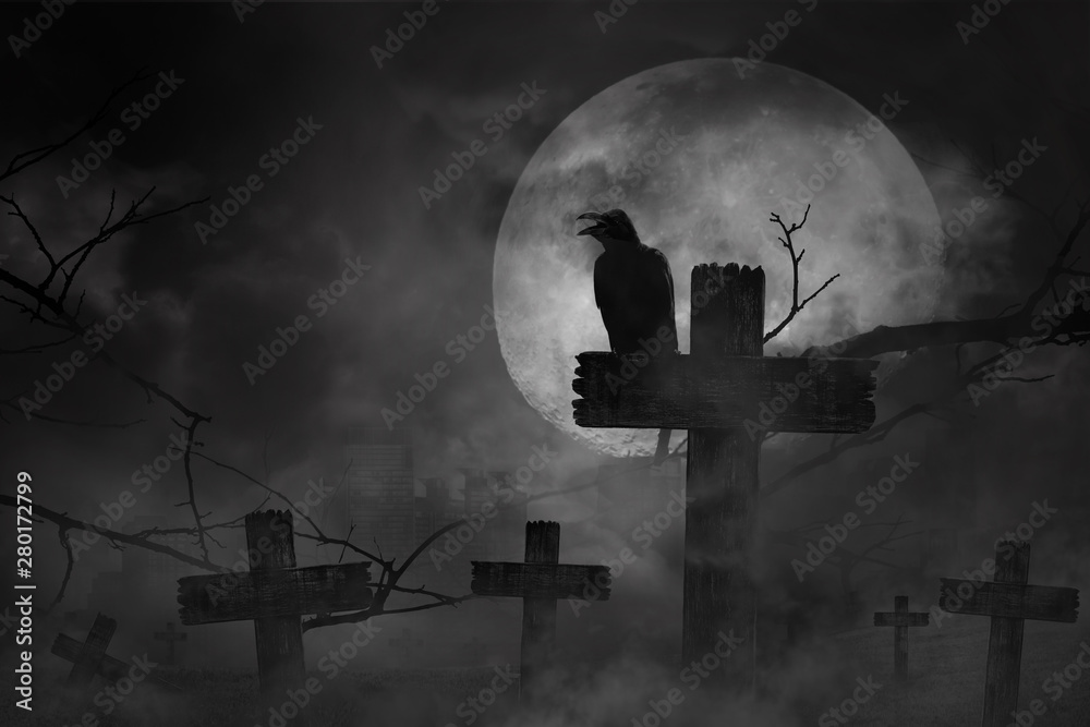 Scary background the black crow perched on cemetery cross in fog dark ...