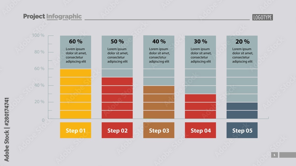 Five columns bar chart slide template. Business data. Percentage ...