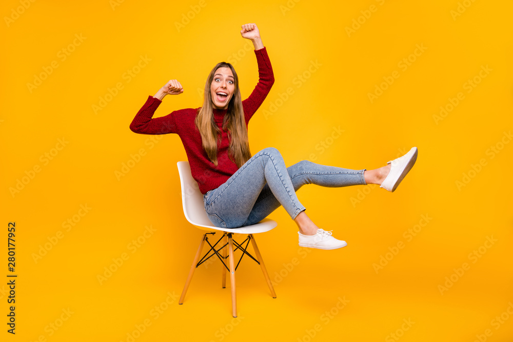 Full body photo of lady sitting chair supporting football team wear ...