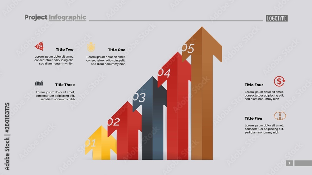 Arrow diagram with five steps. Bar chart, step diagram, slide template ...