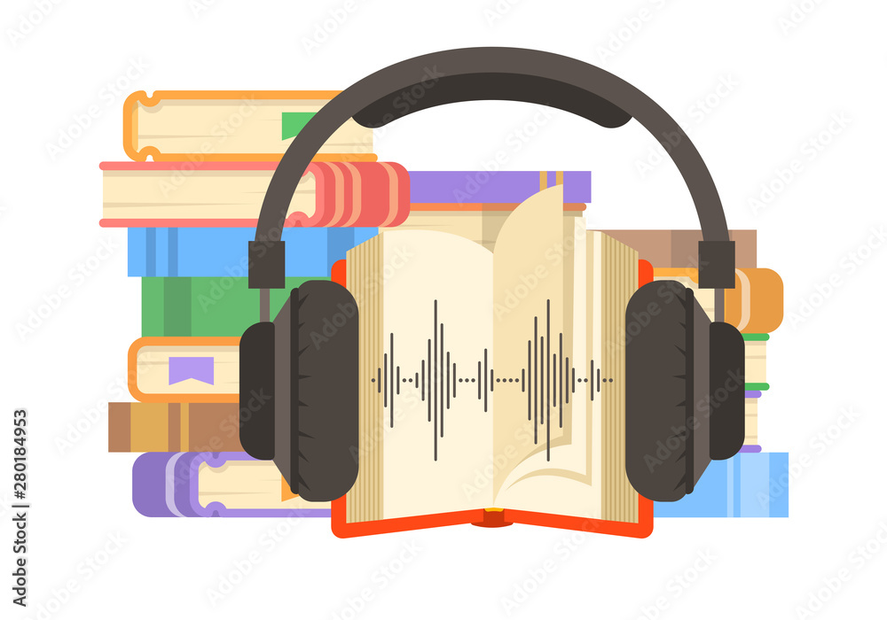 Audio book concept. Online library vector flat illustration. Stack of ...