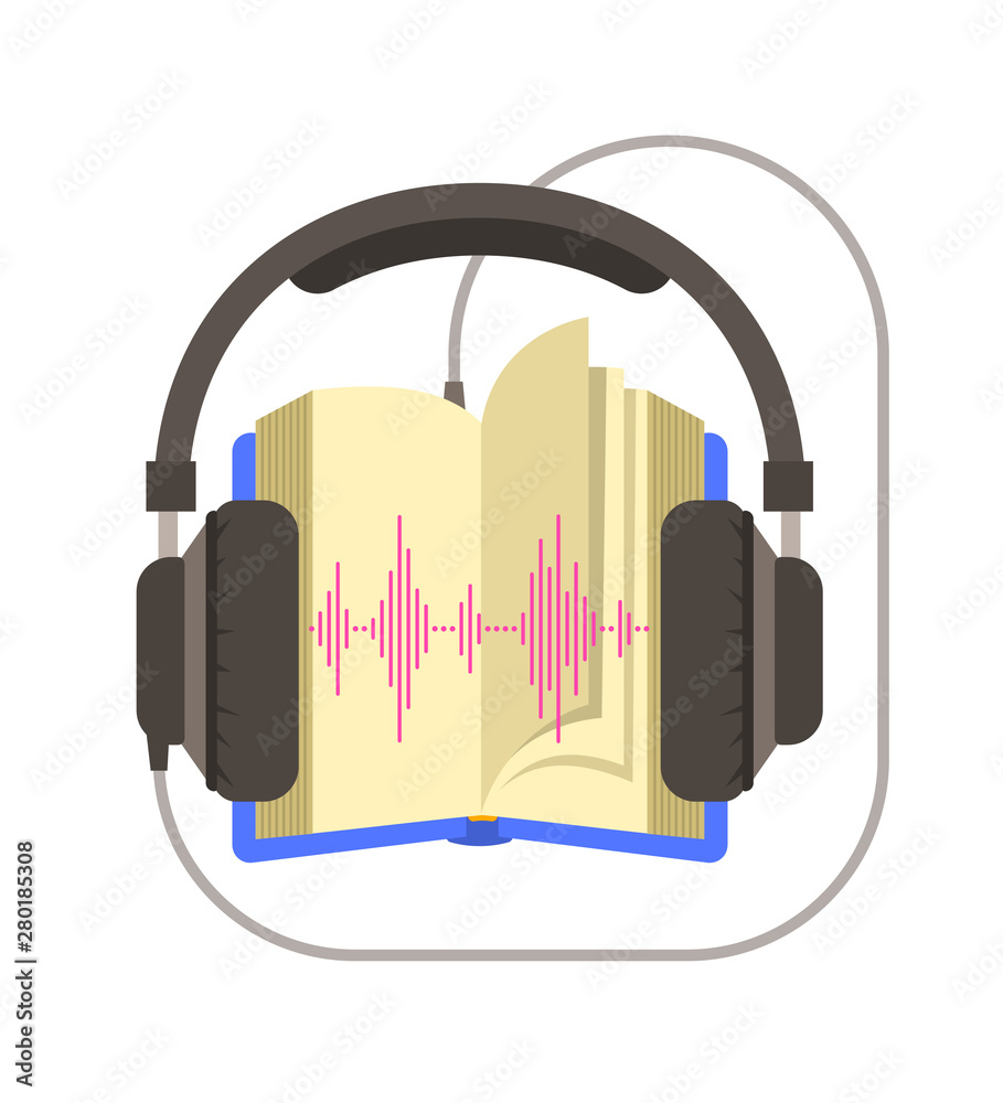 Audio book concept. Online library vector flat illustration. Open book ...