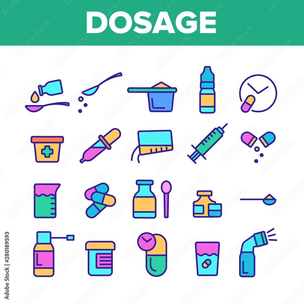 Color Dosage, Dosing Drugs Vector Linear Icons Set. Pharmacological ...