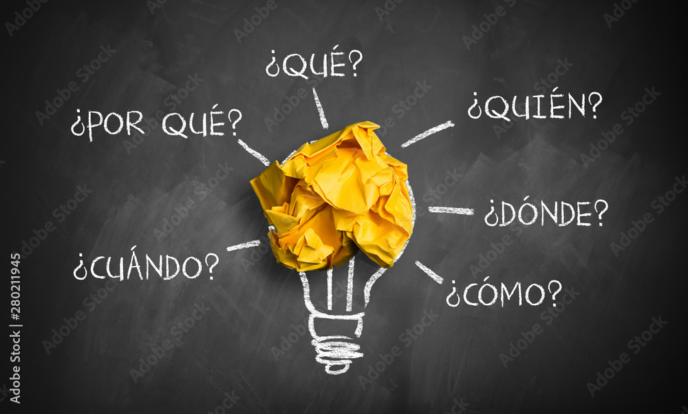 crumpled paper on a blackboard with the Spanish words for "when, why ...