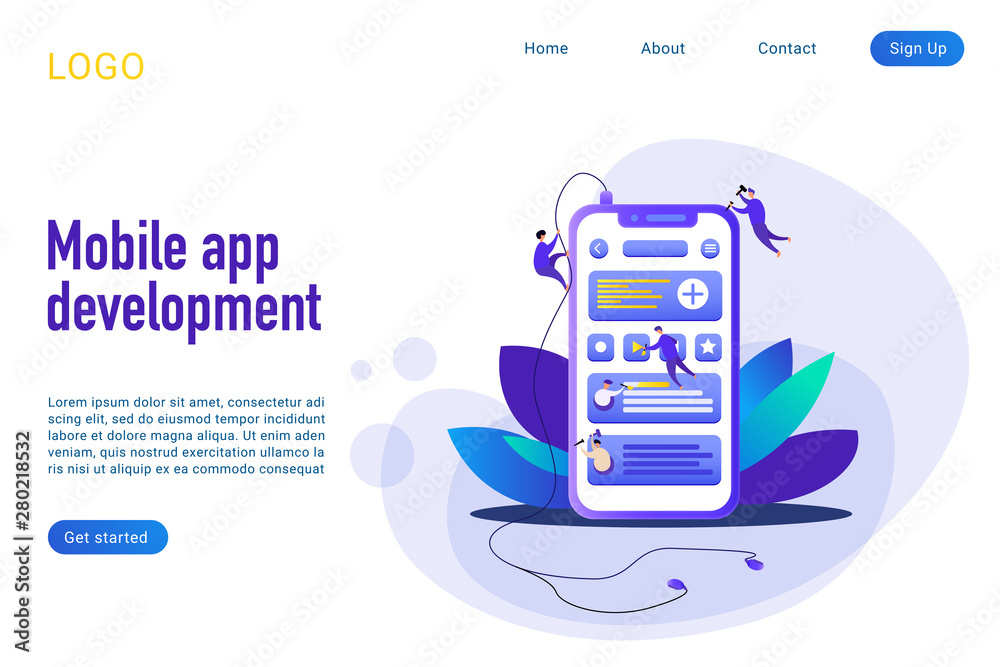 Mobile app development landing page isometric vector template. Phone ...