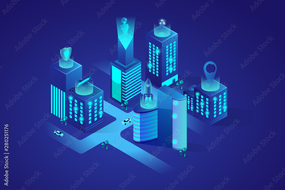 Isometric city, capital, Intelligent buildings. Web template and ...