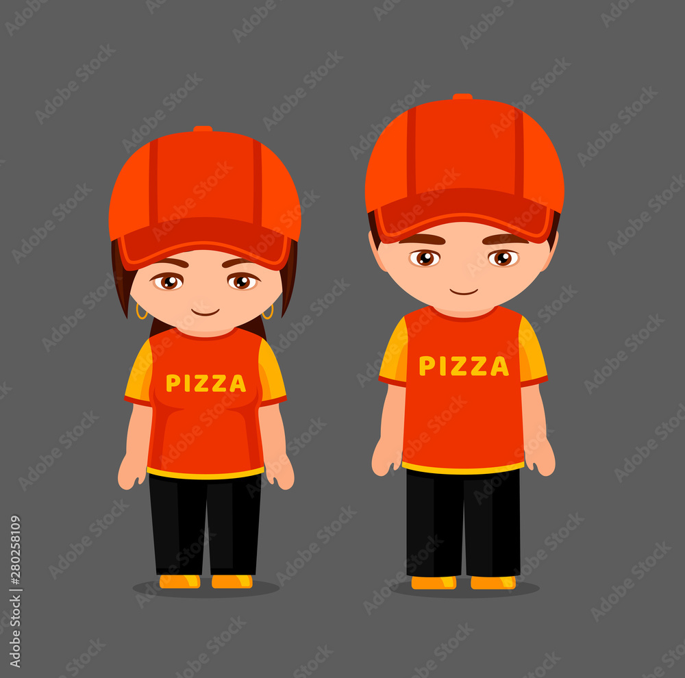 Pizza makers, woman and man. Little cartoon girl and boy in uniform ...