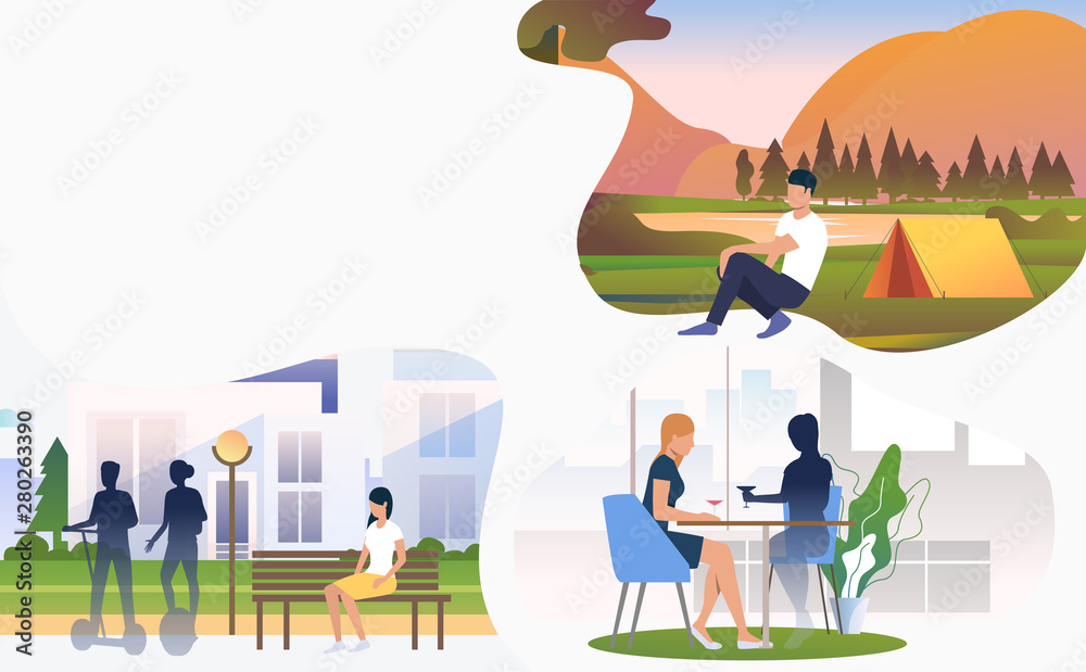 Set of people resting alone. Cartoon characters among shadows. Vector ...