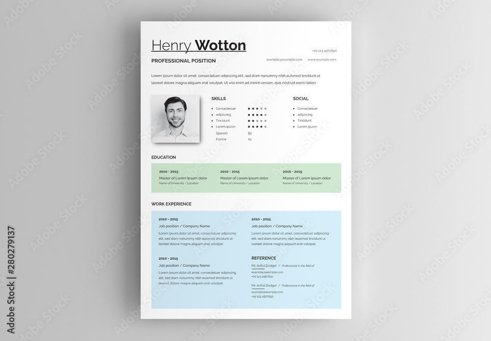 Resume Layout with Blue and Green Accents Stock Template | Adobe Stock