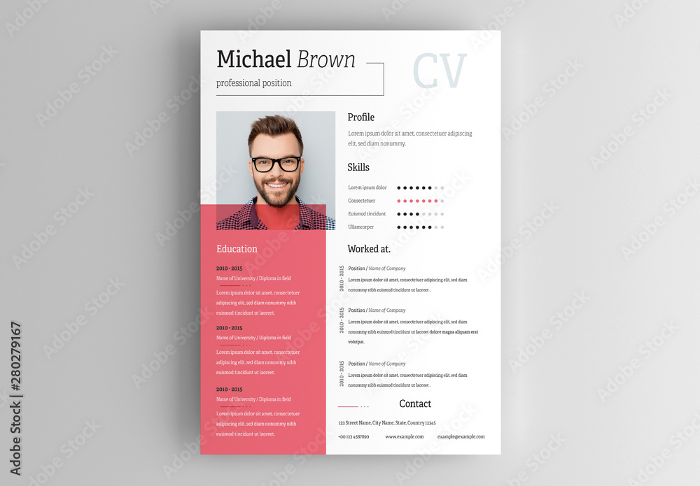 Resume Layout with Red Overlay Stock Template | Adobe Stock