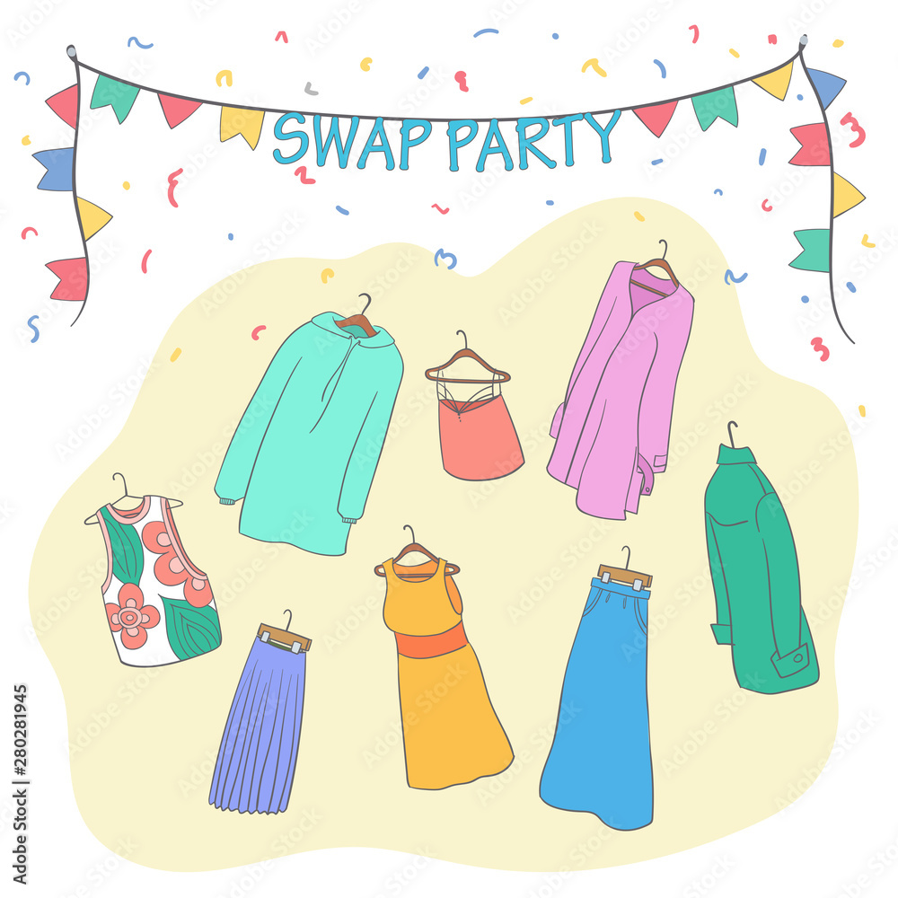 Swap party clothes. Swap party woman's clothes on hangers. Vector ...