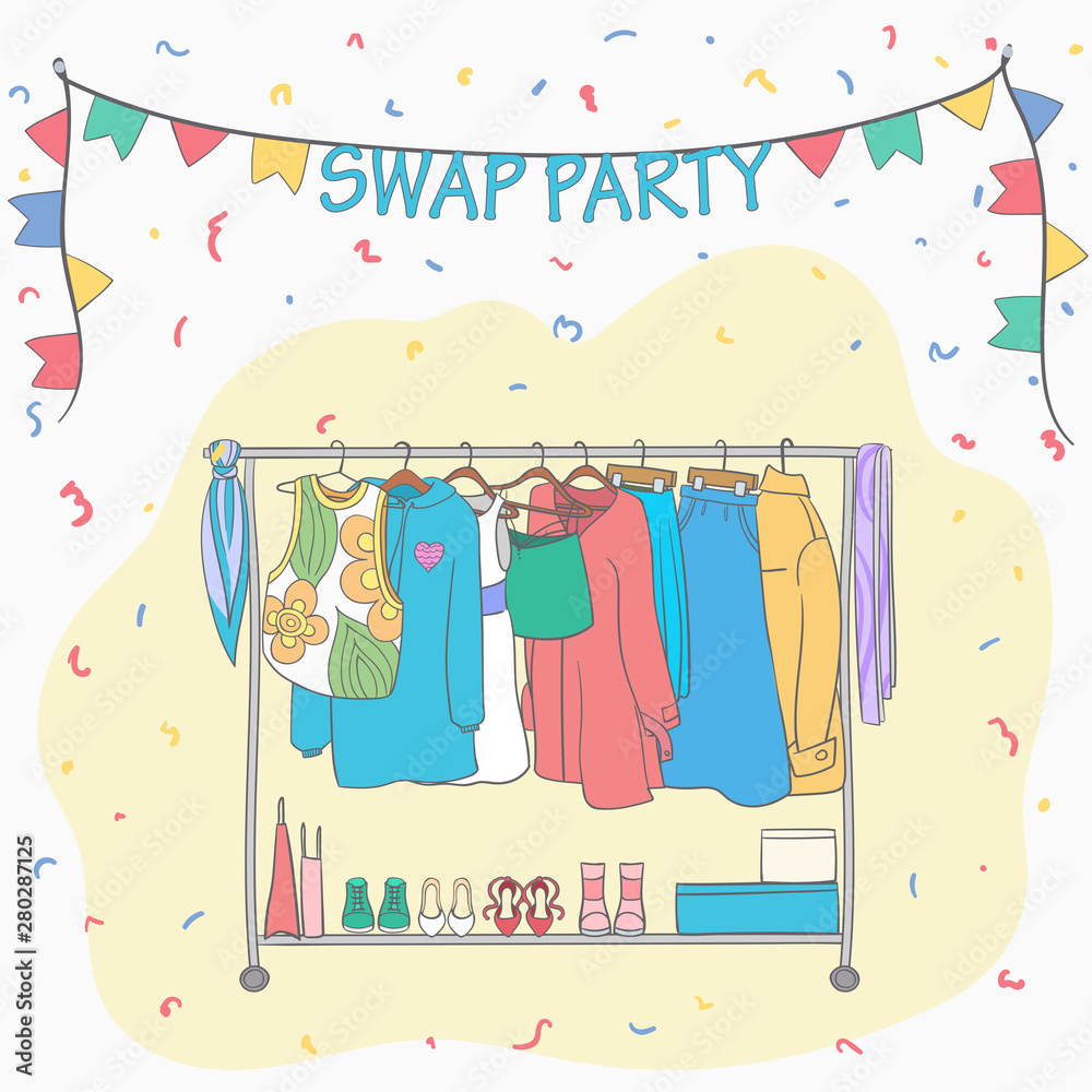 Swap party woman's clothes on hangers. Woman's Shoes. Clothes hanging ...