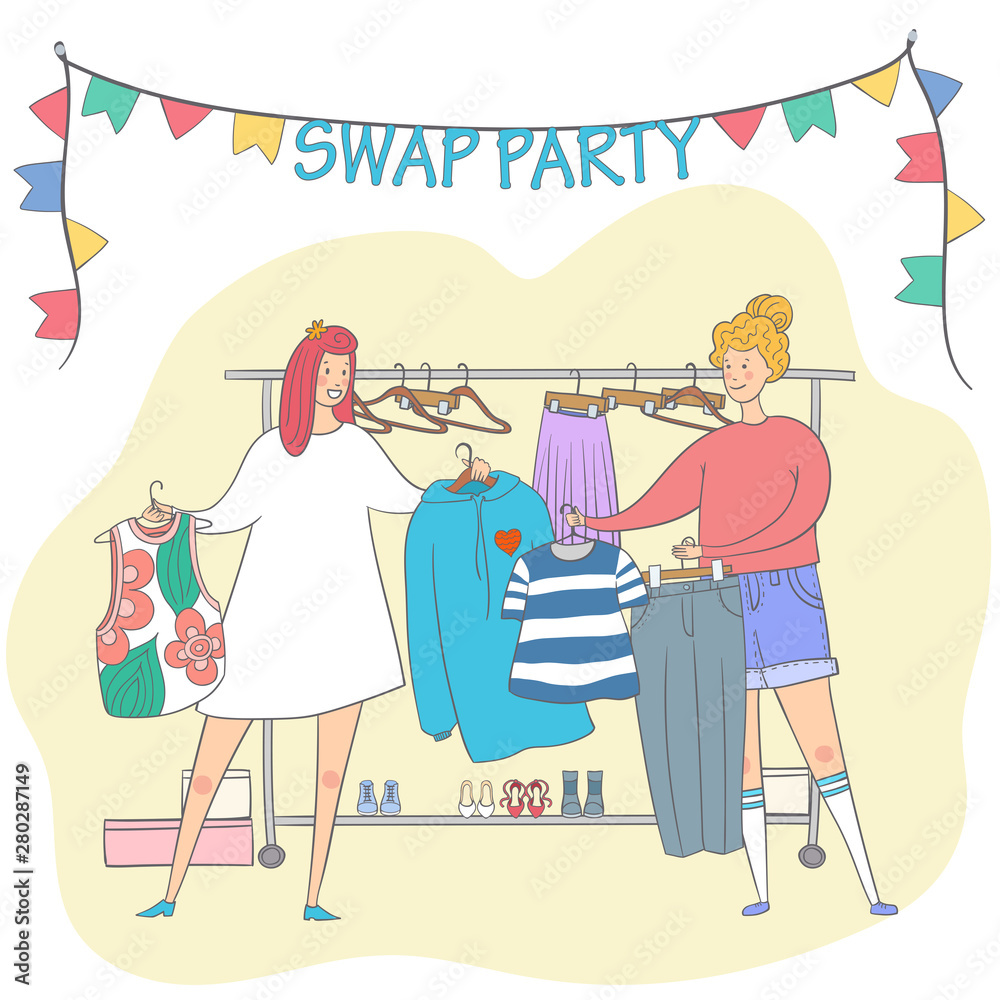 Swap party girls sell, buy and exchange clothes. Garage sale. Two young ...