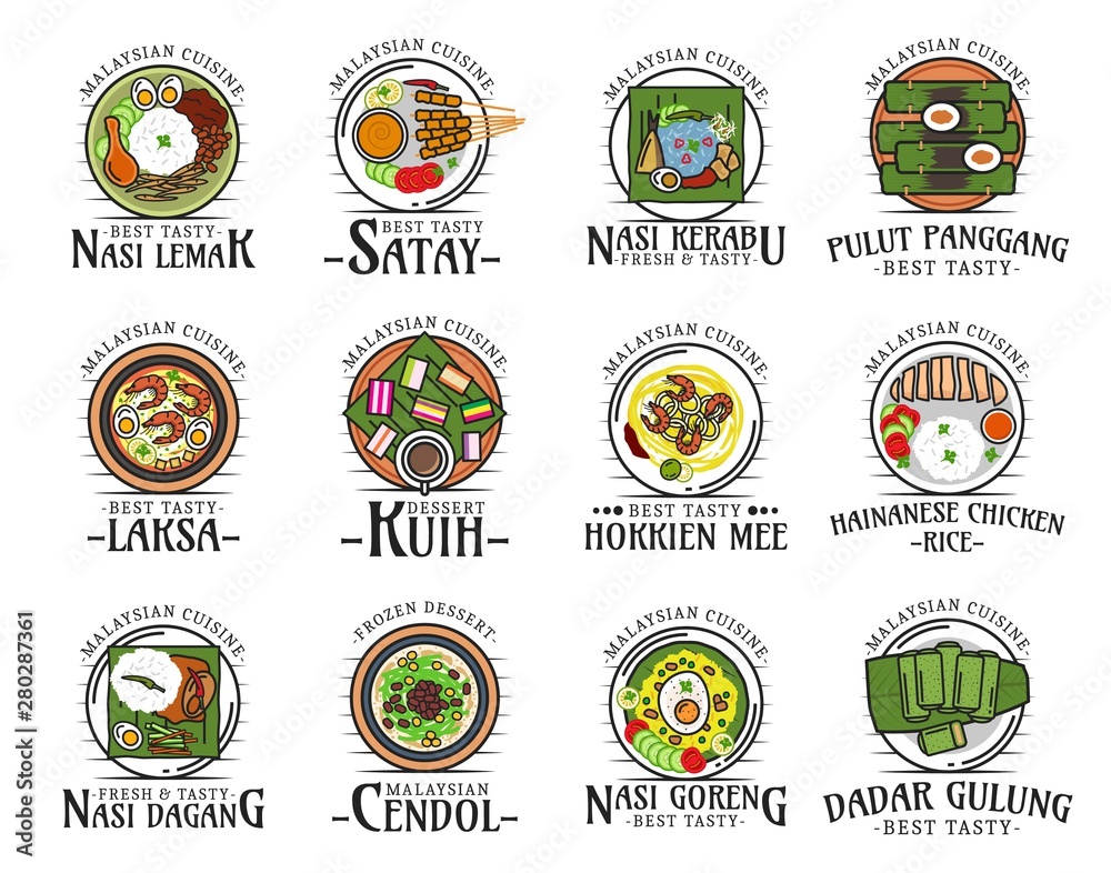 Food of Malaysia, malaysian cuisine dishes logos Stock Vector | Adobe Stock