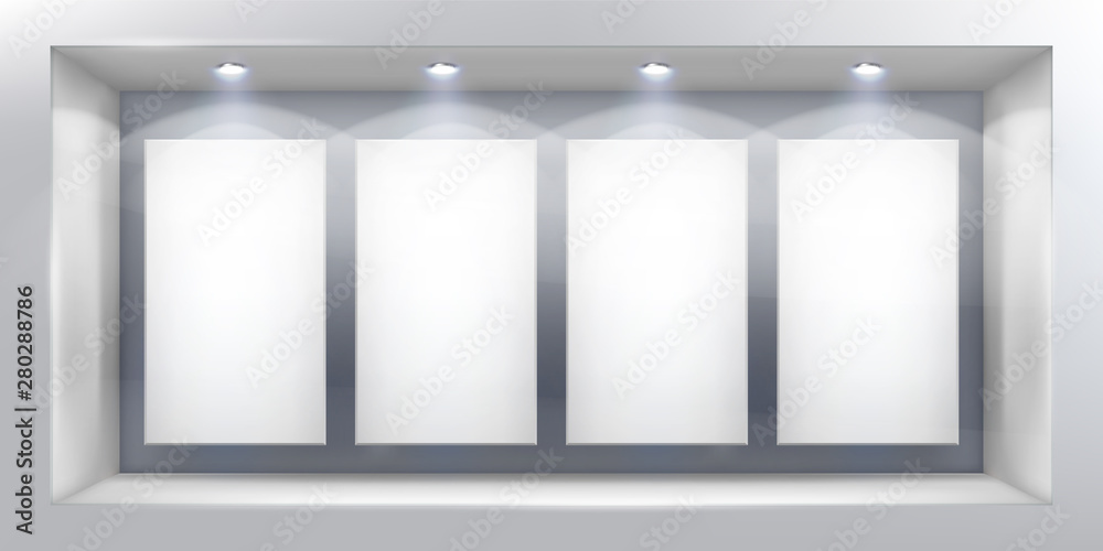 Hanging empty frames in display window. Empty space for exhibition ...