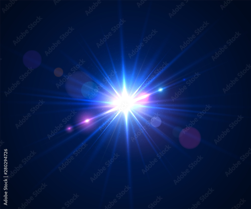 Glowing light effect. Lens flare with bokeh, glitter particles and rays ...