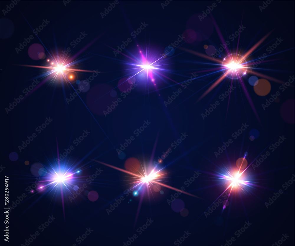 Glowing lens flares. Set of beautiful glare effects with bokeh, glitter particles and rays ...