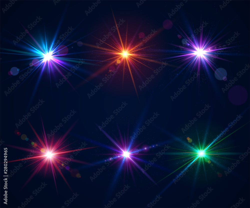 Sparkling light effects of flash. Glowing lens flares and colorful twinkle. Set of beautiful ...