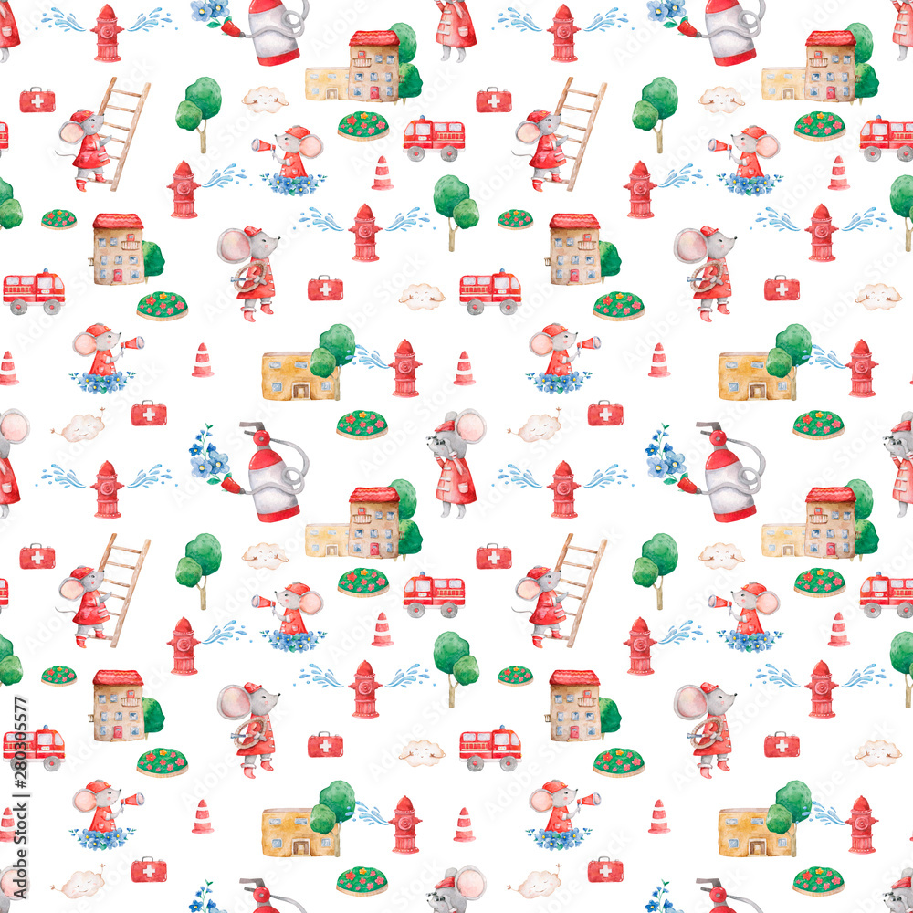 Watercolor cute illustration of seamless pattern with animals rescue ...