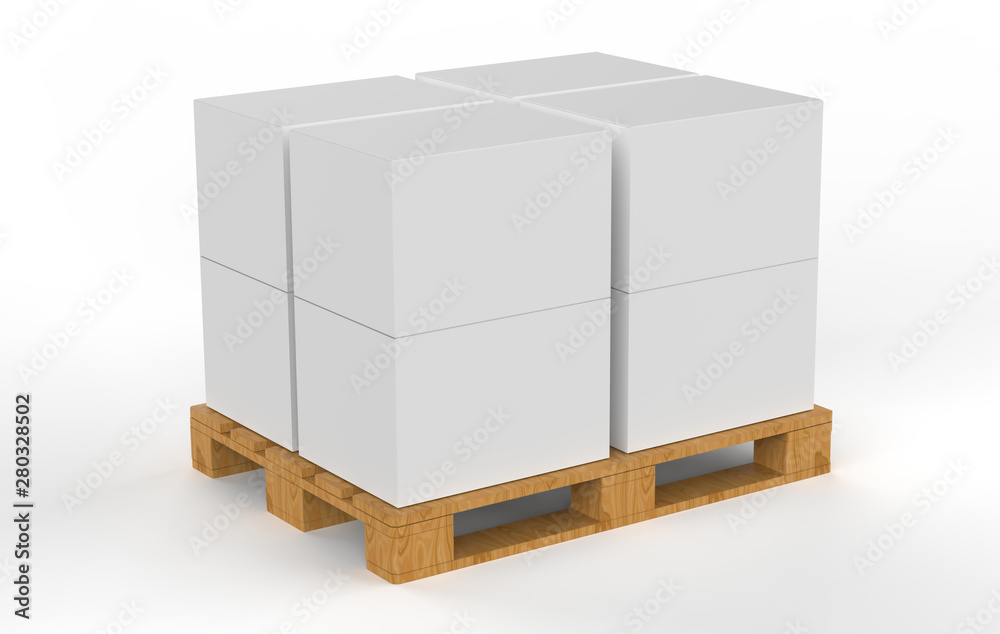 stack of four boxes mock up on euro pallet in white background. 3d ...