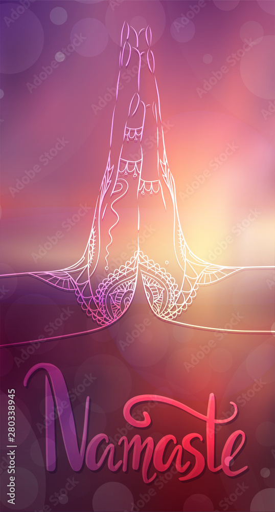 Indian hands in mehendi in yoga meditation gesture with lettering on ...