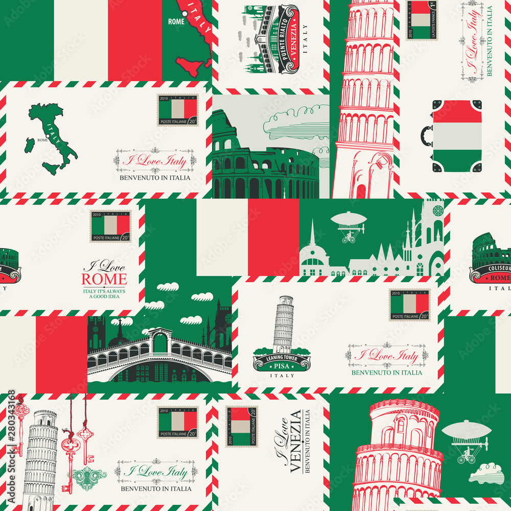 Vector seamless pattern on Italy theme with envelopes, architectural ...
