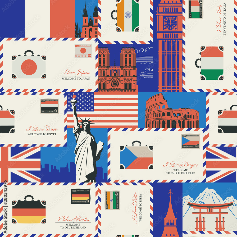 Vector seamless pattern on the theme of travel to various countries of ...